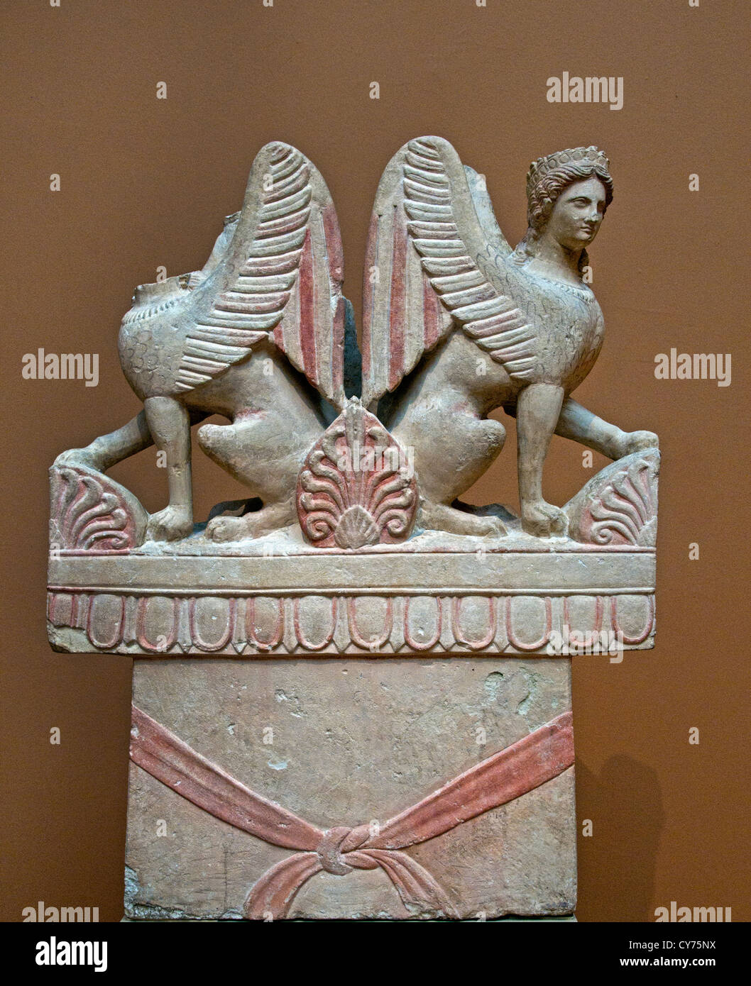Limestone funerary stele shaft surmounted by two sphinxes Classical 5th ...