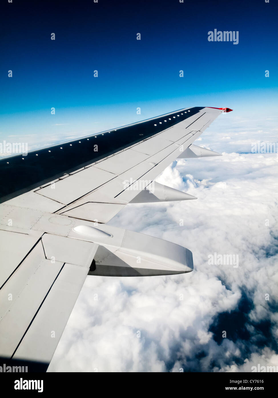 View of the wing of Boeing 737 passenger airliner flying above the ...