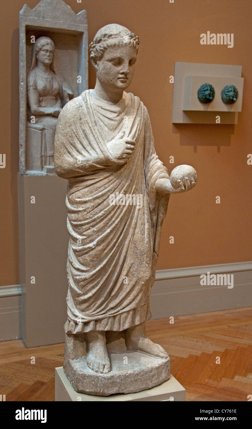 Limestone statue wreathed boy holding a ball Hellenistic Imperial 3rd ...