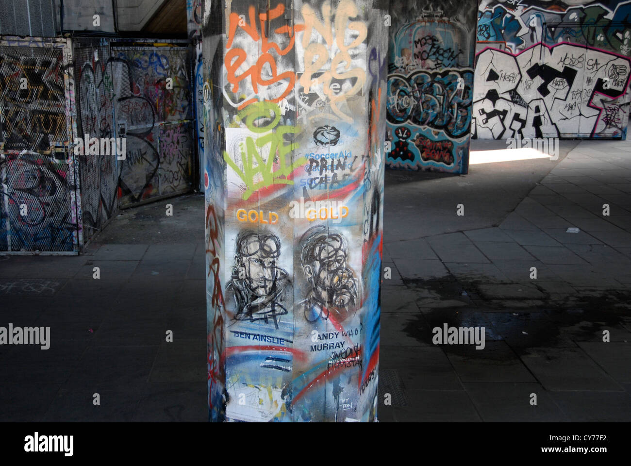 Graffiti on the concrete walls also used for skateboarding beneath the ...