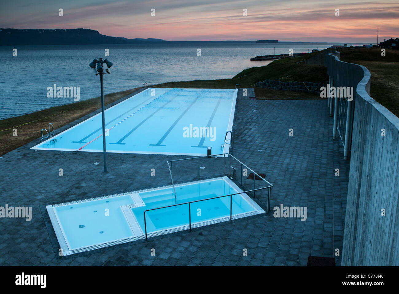 The swimming pool in Hofsós, Iceland, has a great view over ...