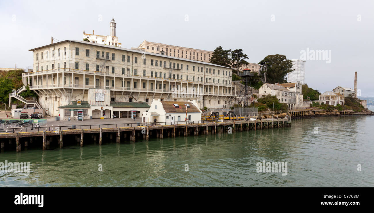 A view of Alcatraz Federal Prison dock and Building 64 and bookstore ...