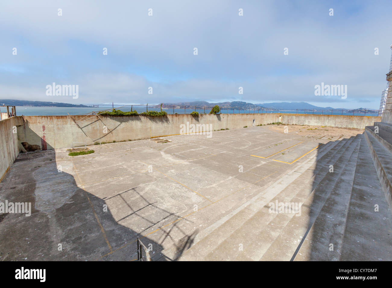 A view of Alcatraz Federal Prison recreation yard and cell house Stock ...