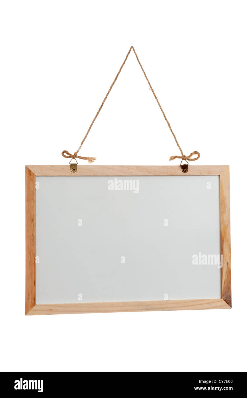 Blank white board hanging on a rope Stock Photo - Alamy