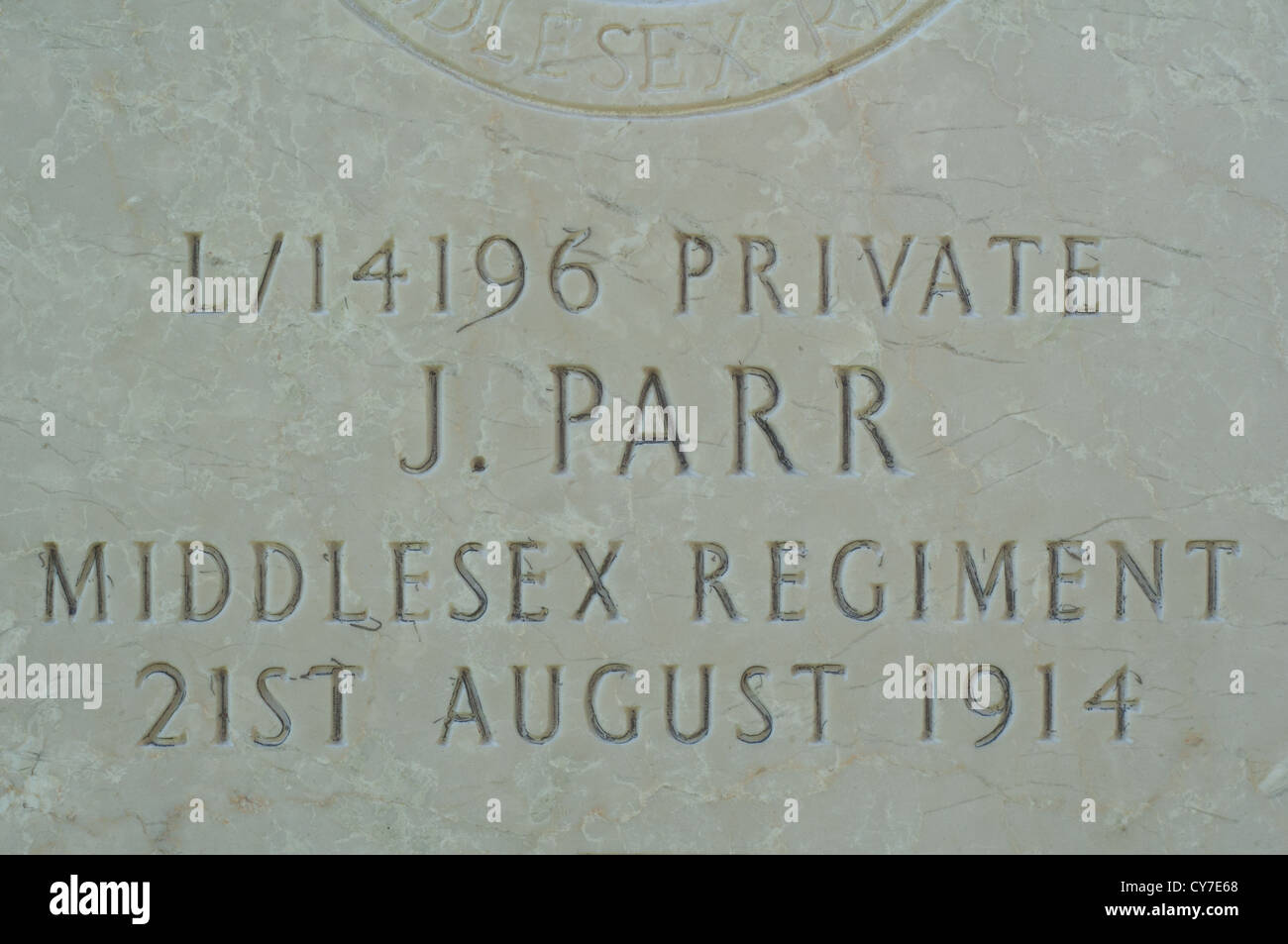 A close up of the inscription on the grave of Private John Parr ...