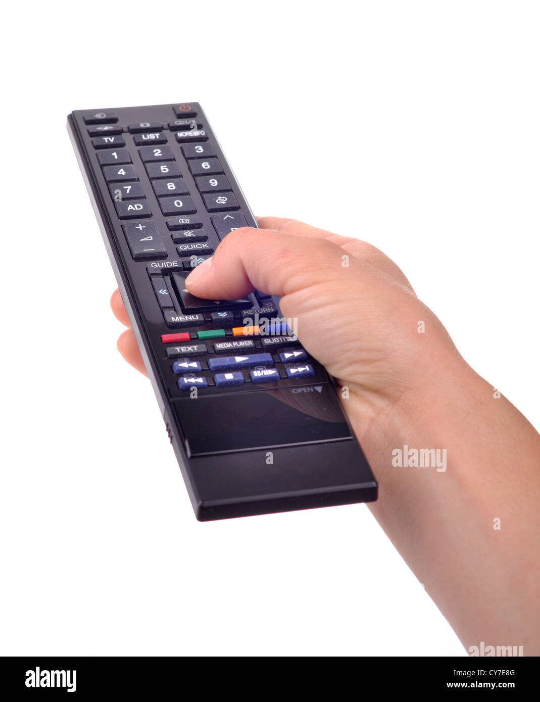 Hand with remote control isolated on white Stock Photo - Alamy