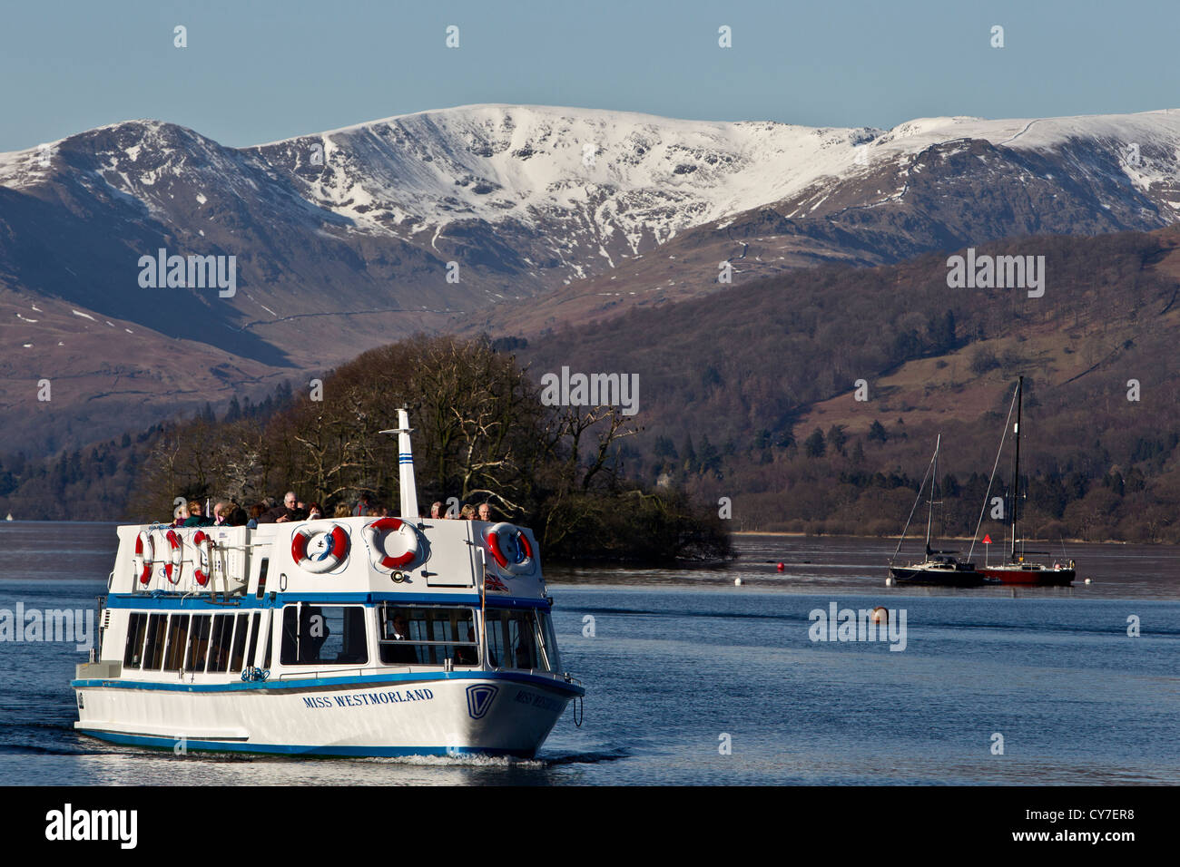 Lake Windermere in the cold winter with snow on the fells -hills -Lake ...
