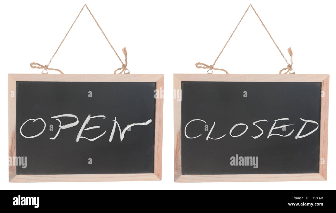Open And Closed Words On Blackboard Handing And Isolated On White Stock open-and-closed-words-on-blackboard-handing-and-isolated-on-white-stock