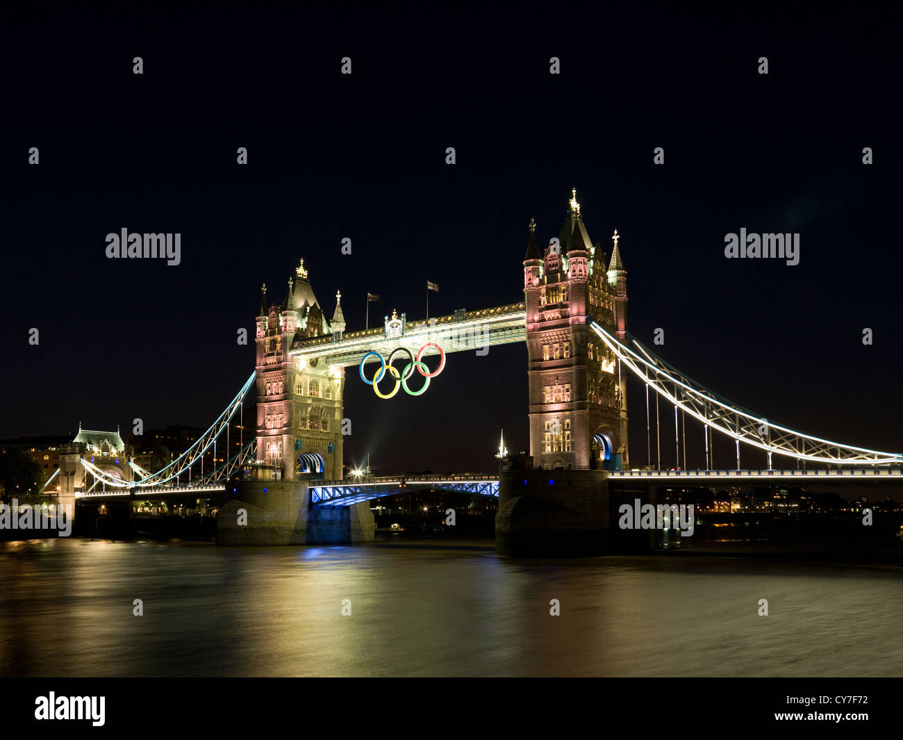 London Bridge and Olympic rings lit up, London 2012 England Stock Photo ...