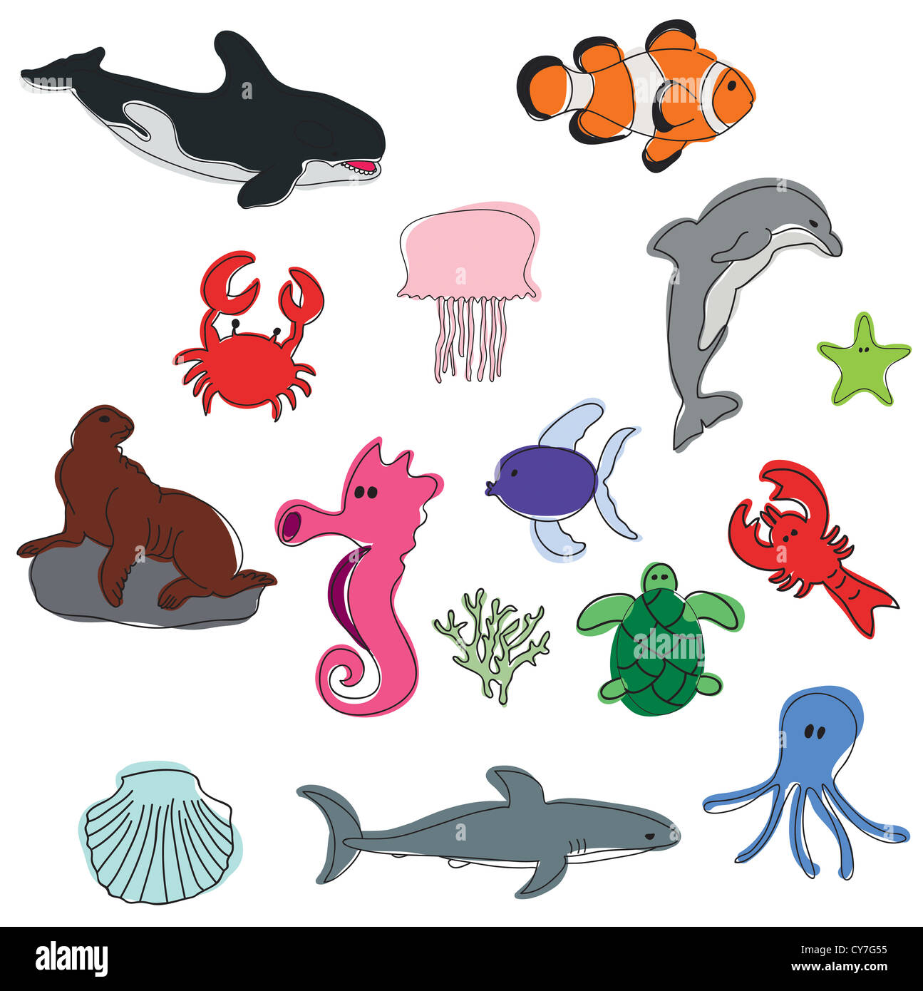 Colored Sea animals set collection Stock Photo - Alamy