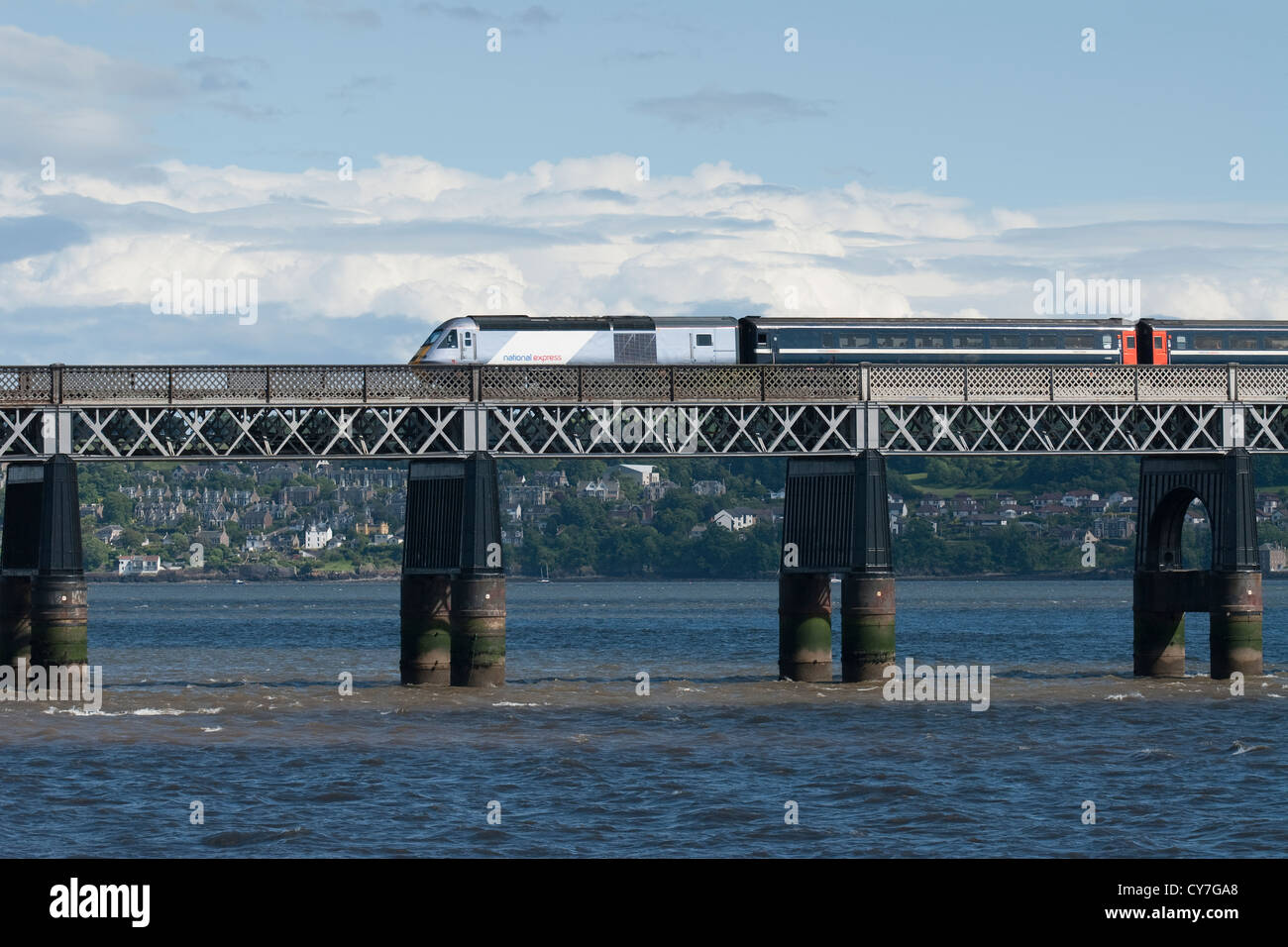 Intercity 125 East Coast train crossing the Tay Railway Bridge at ...
