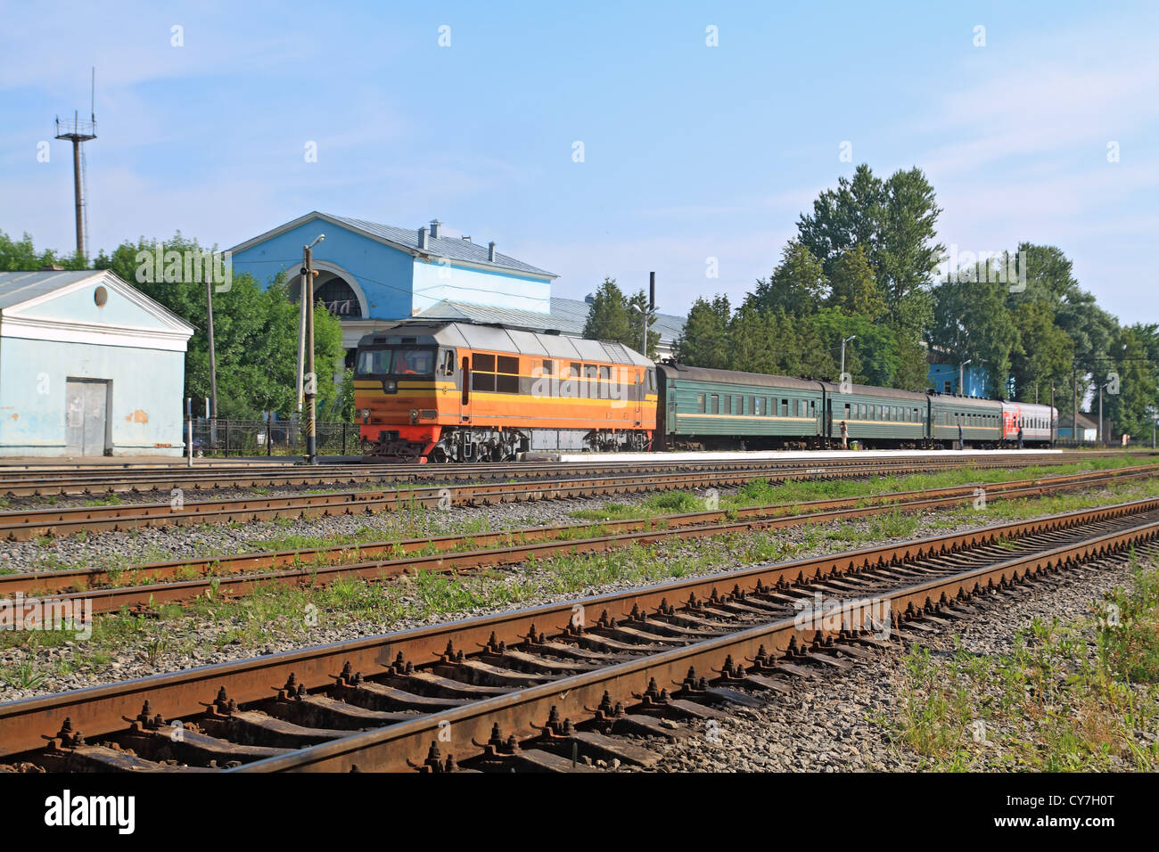 small train on railway station Stock Photo - Alamy