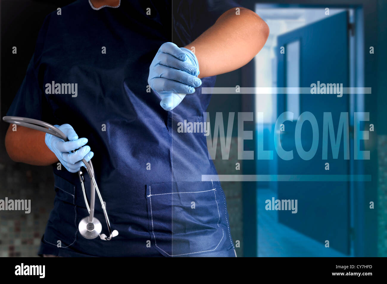 Doctor opening the hospital door with the word Welcome Stock Photo - Alamy