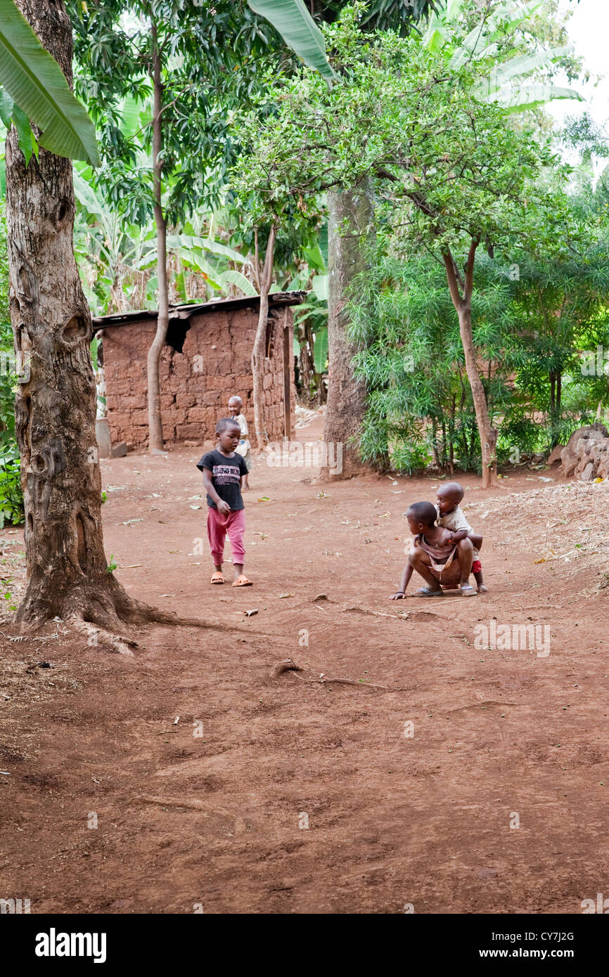 Three young African kids are playing in their yard near Moshi;Tanzania ...