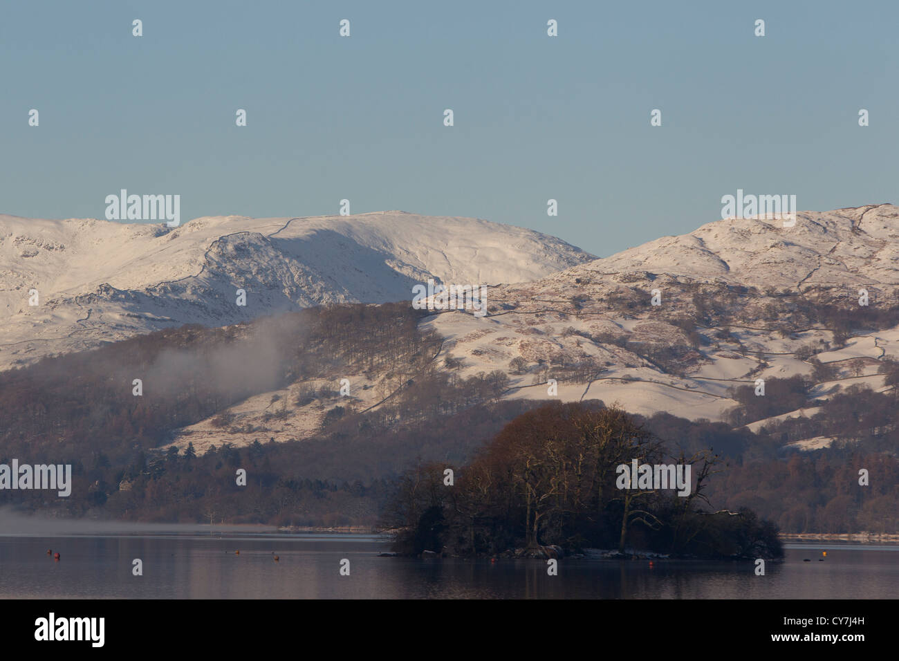 Lake Windermere in the cold winter with snow on the fells -hills -Lake ...