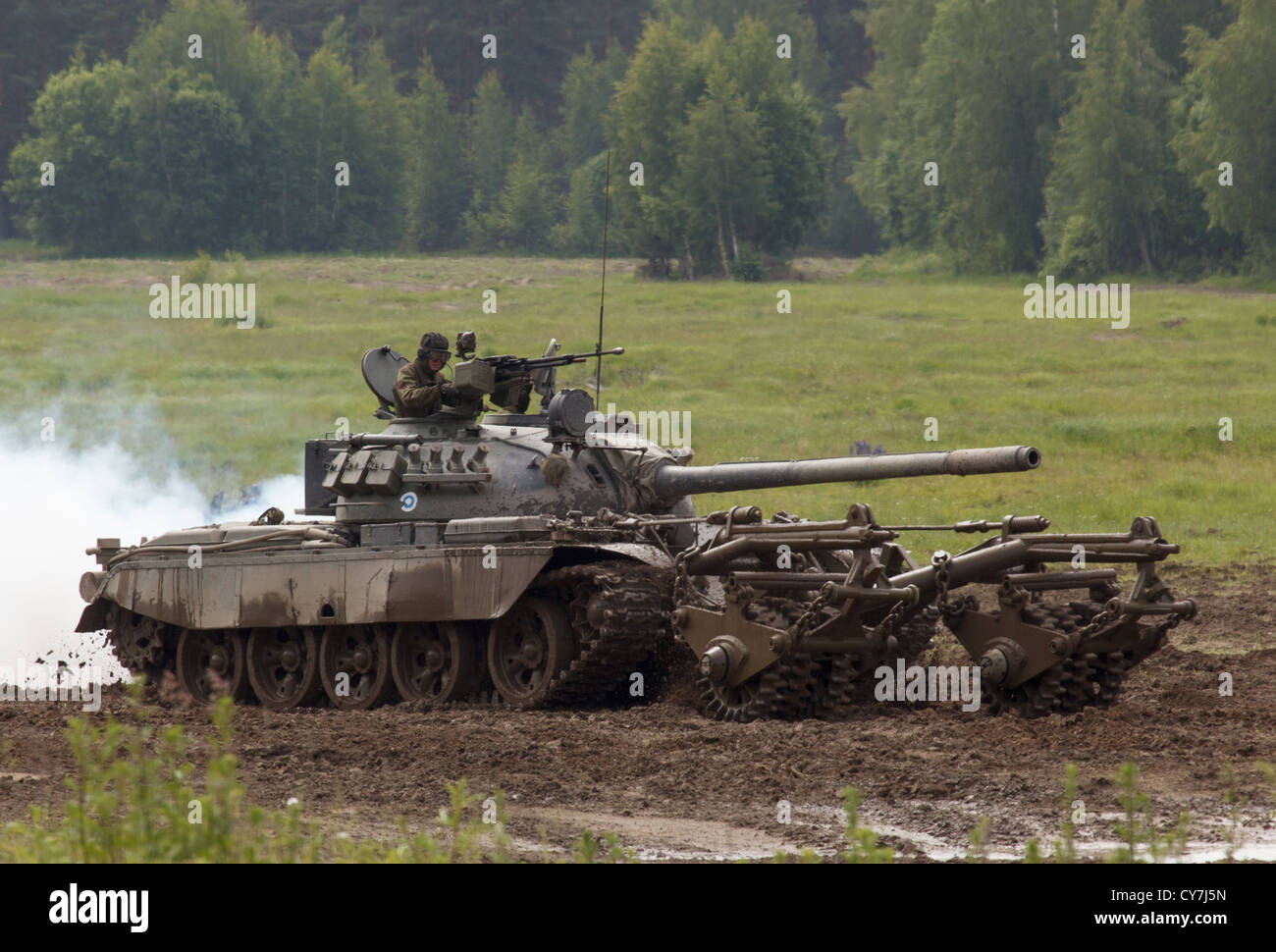 T-55M main battle tank of the Finnish Army with KMT-5 mine clearing ...