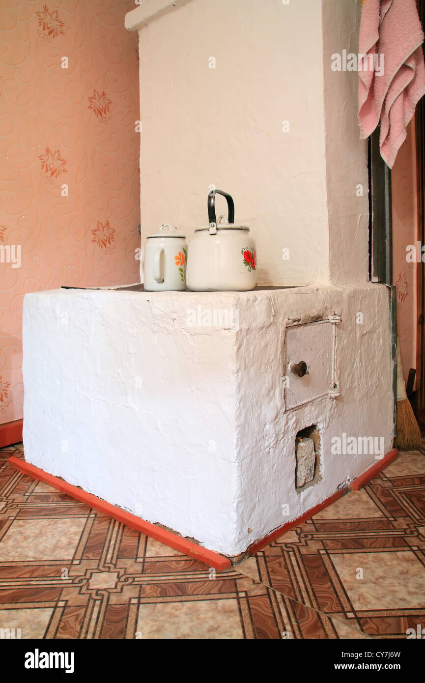 brick stove in rural wooden house Stock Photo - Alamy