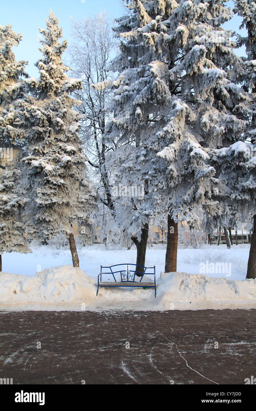 wooden bench in town park Stock Photo - Alamy