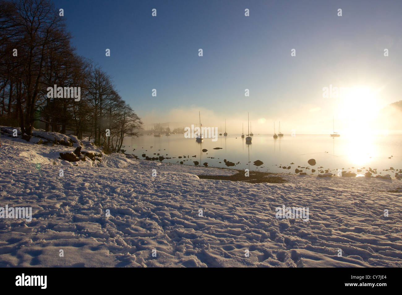 Lake Windermere in the cold winter with snow -Cockshot Point near ...