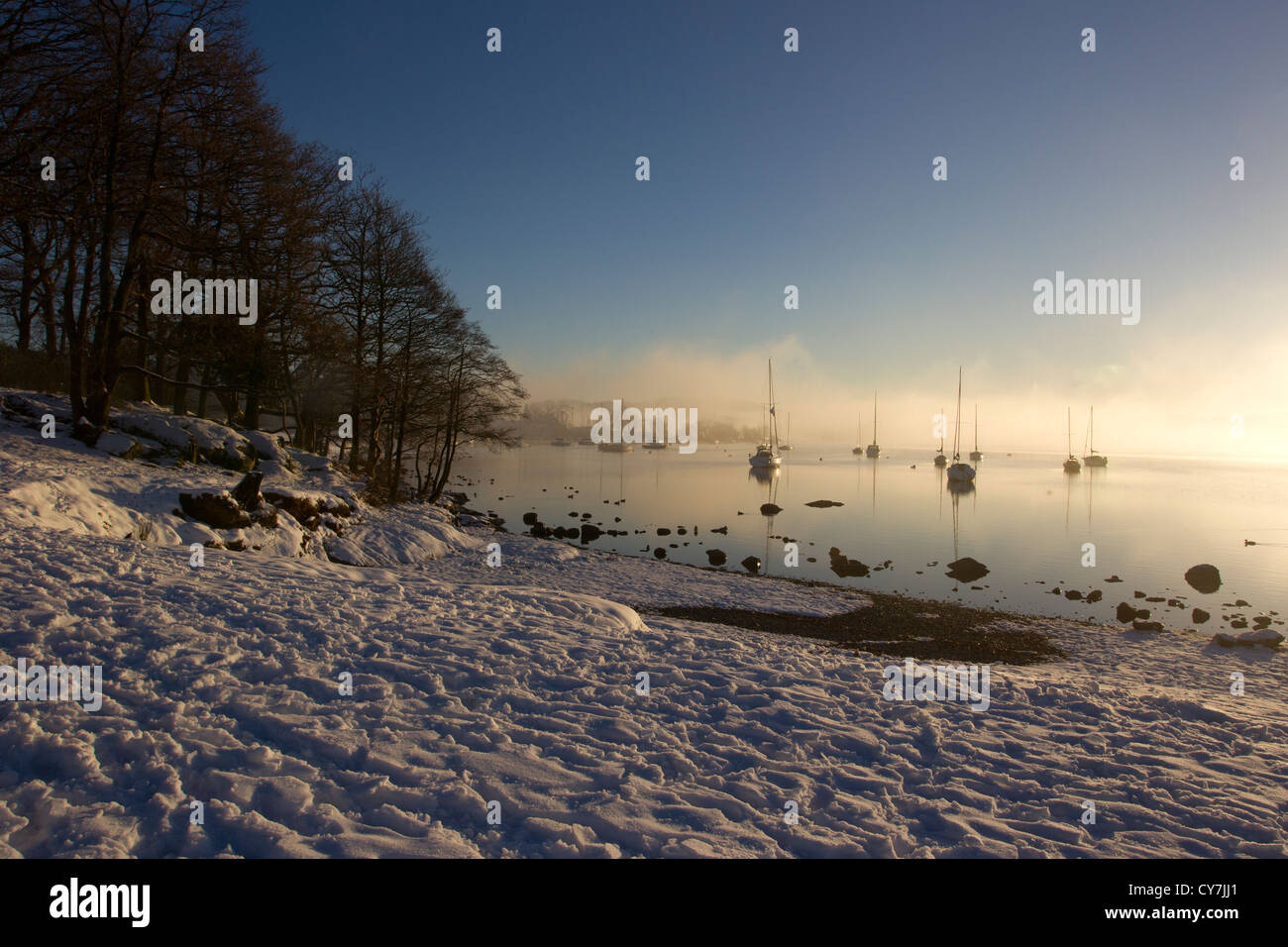 Lake Windermere in the cold winter with snow -Cockshot Point near ...
