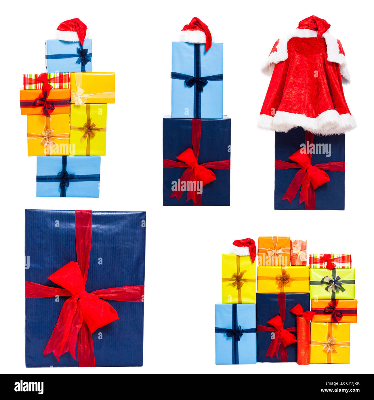 Collection of many colorful Christmas gift boxes and Santa costume ...
