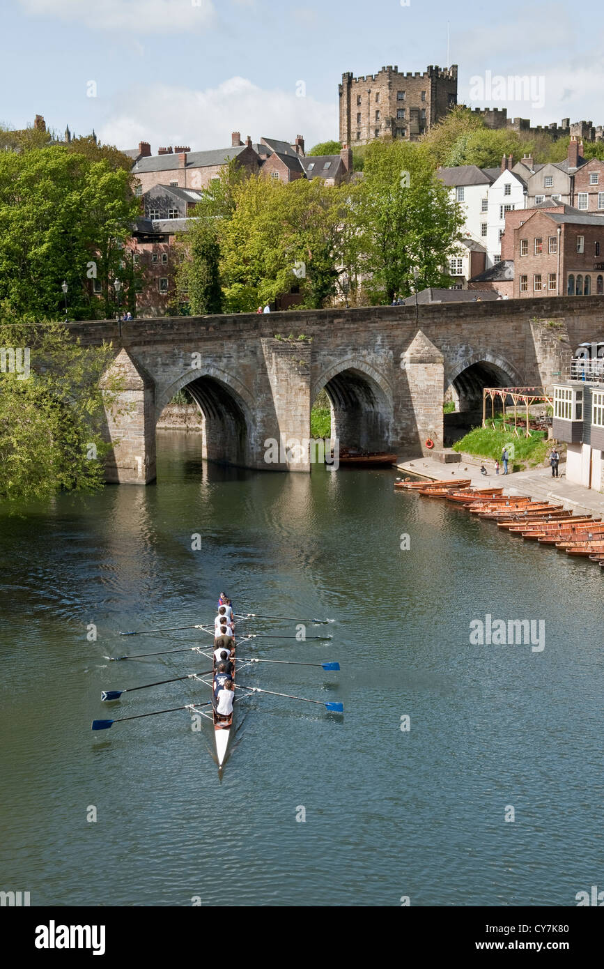 University rowers on the River Wear in Durham City. With Durham castle ...