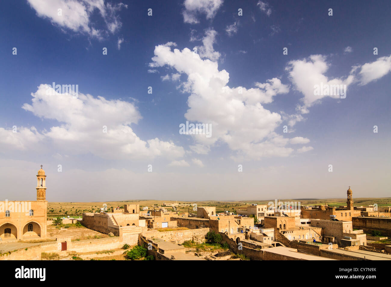Midyat overview with bell towers of Siric Christian churches in Midyat ...