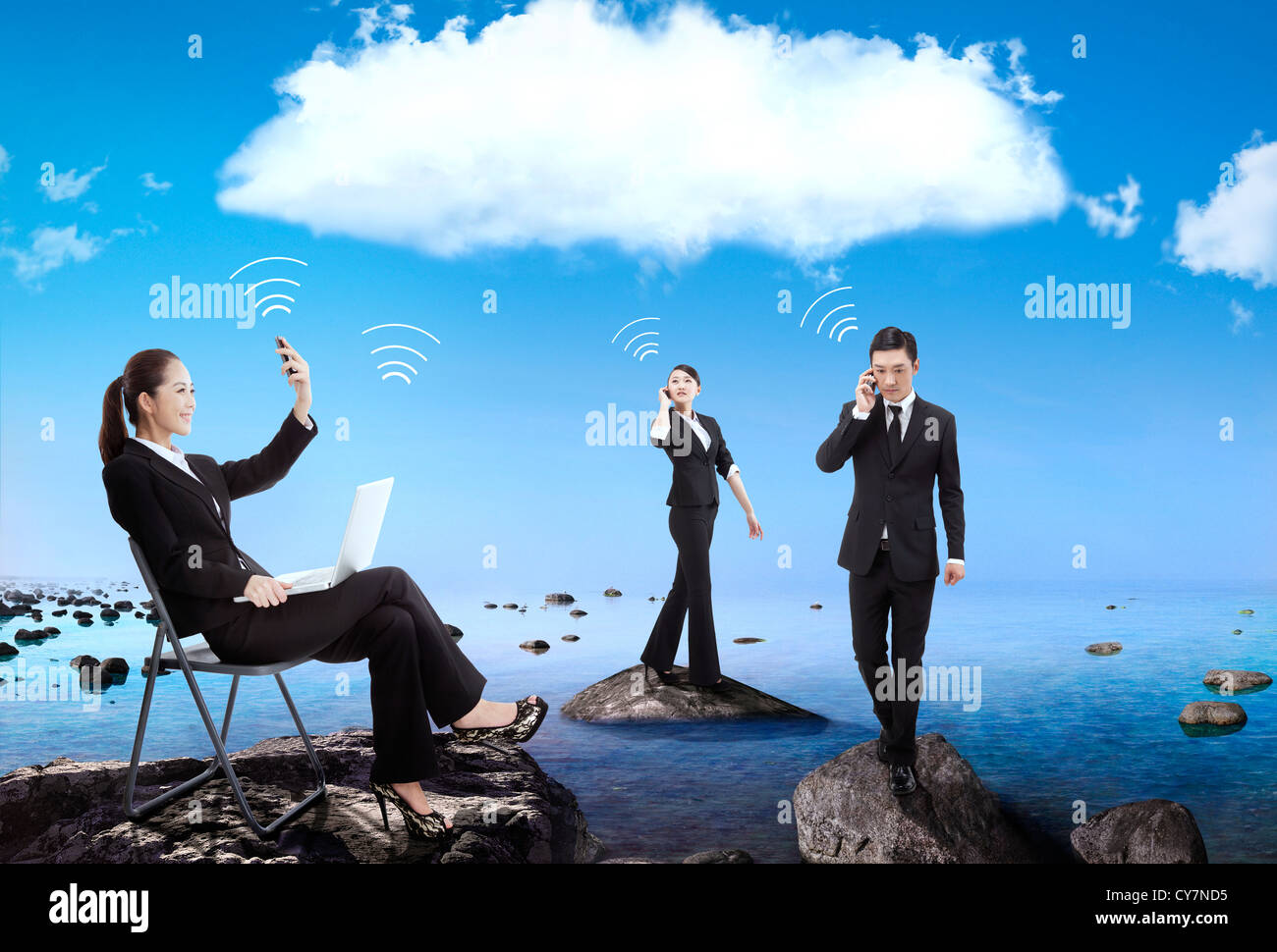 Three business people calling under white cloud Stock Photo - Alamy