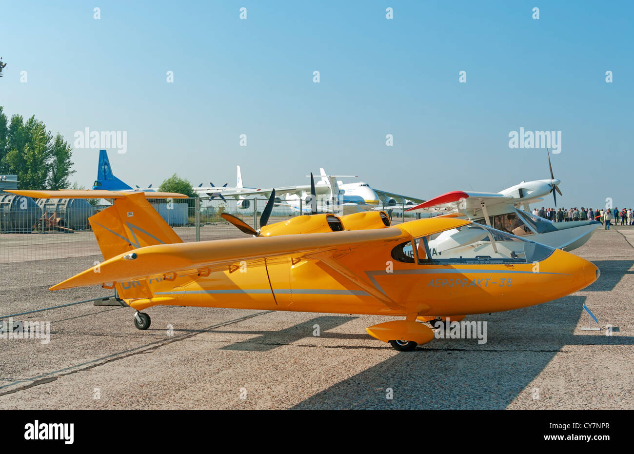 Light two-engine airplane for cruising and training on yellow colour ...