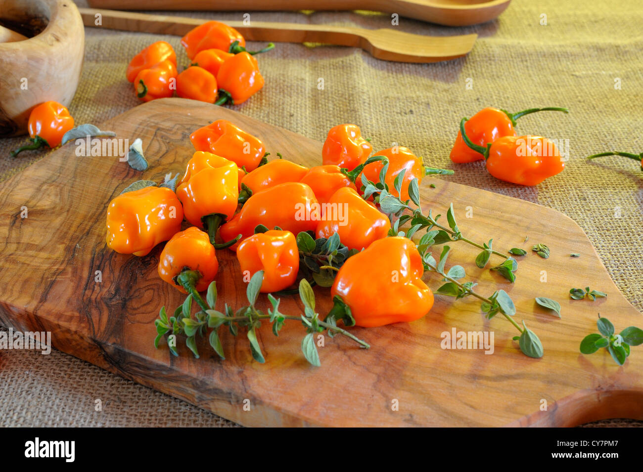 Beautiful and colored chili peppers on a wooden base Stock Photo - Alamy