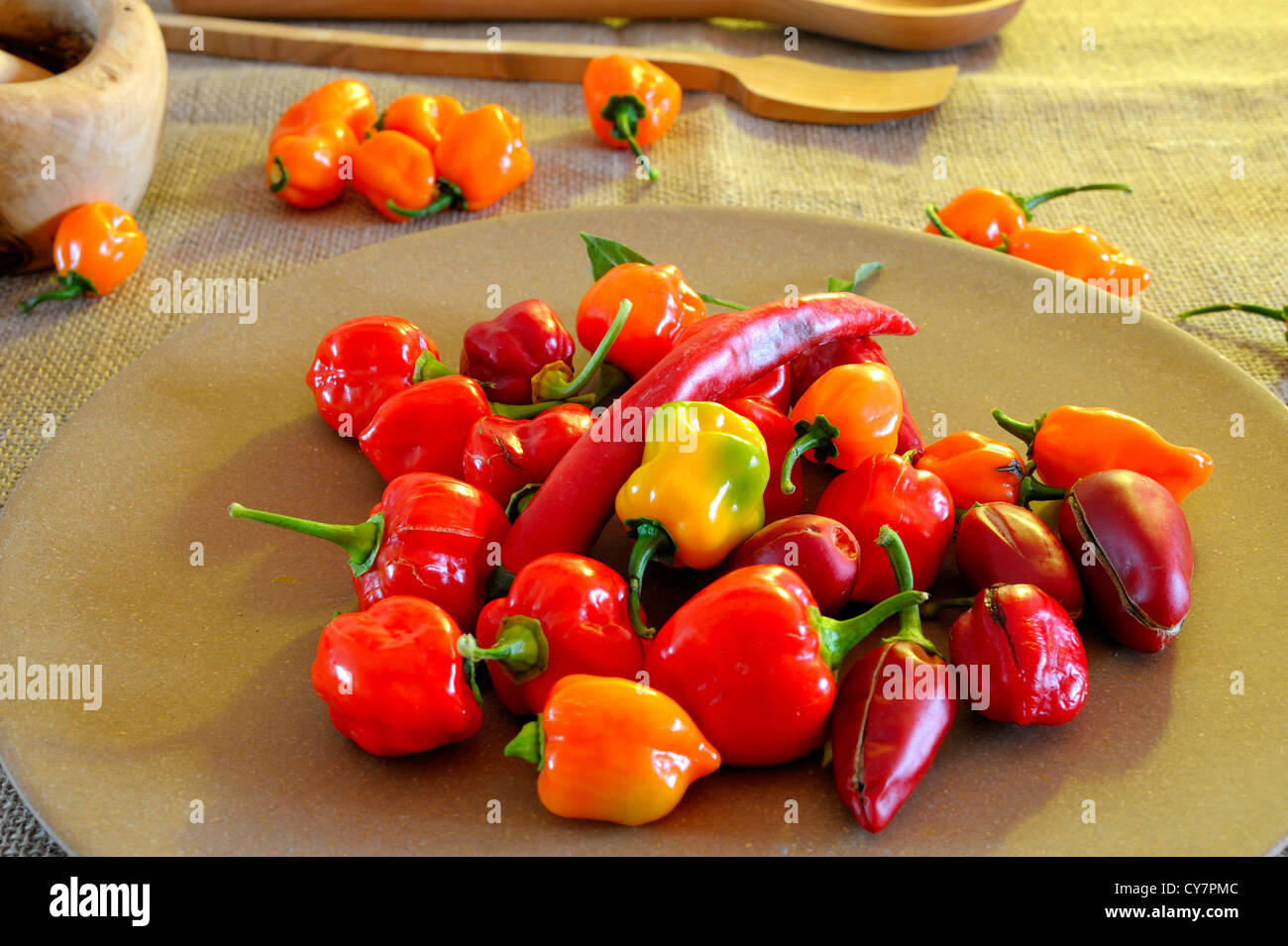 Beautiful and colored chili peppers on a wooden base Stock Photo - Alamy