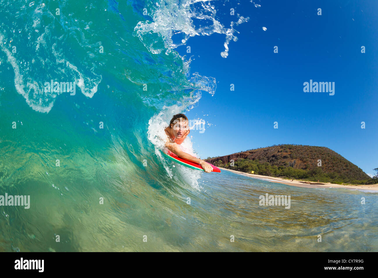 Boogie Boarder Surfing Amazing Blue Ocean Wave Stock Photo - Alamy