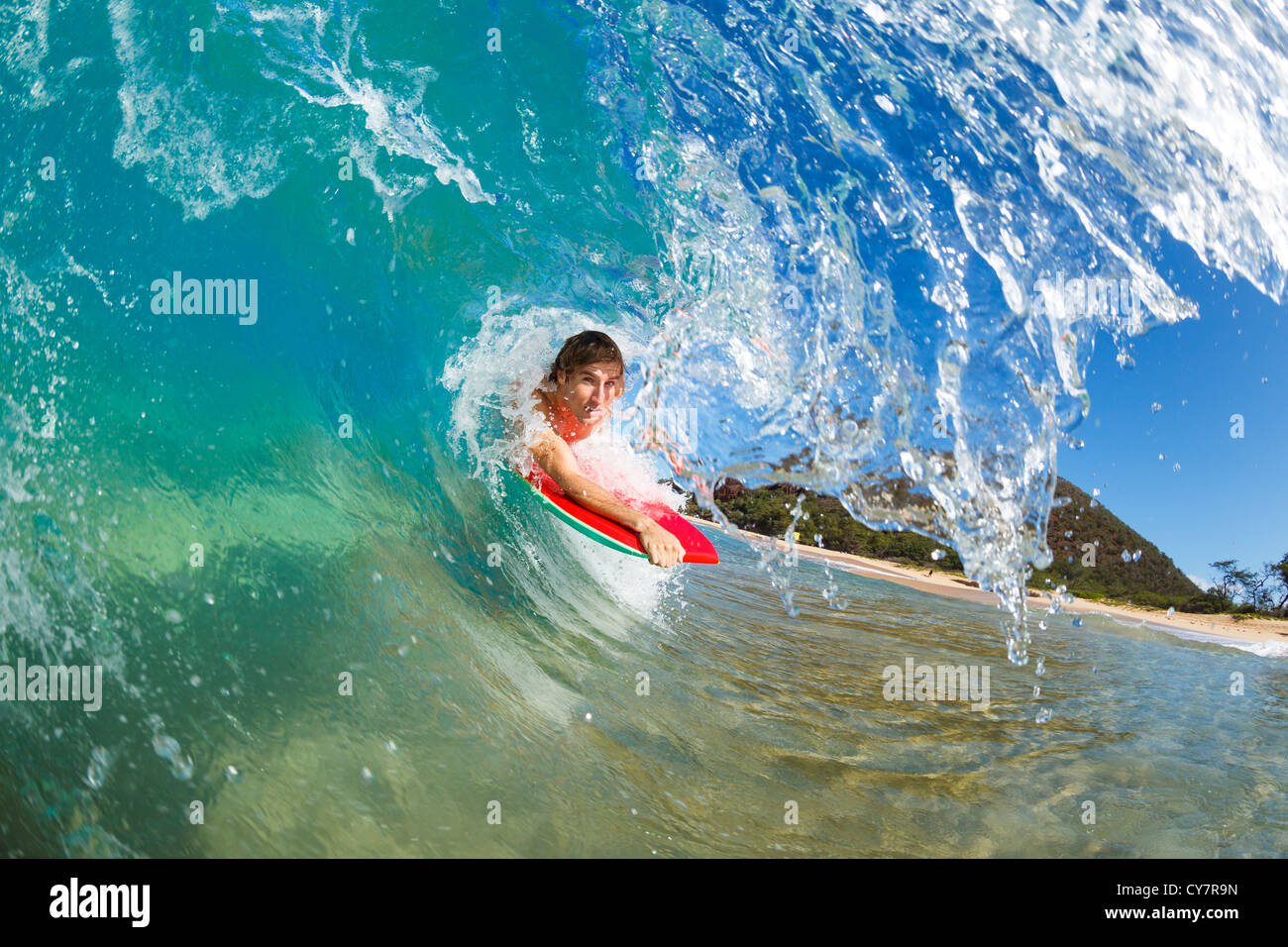 Boogie Boarder Surfing Amazing Blue Ocean Wave Stock Photo - Alamy