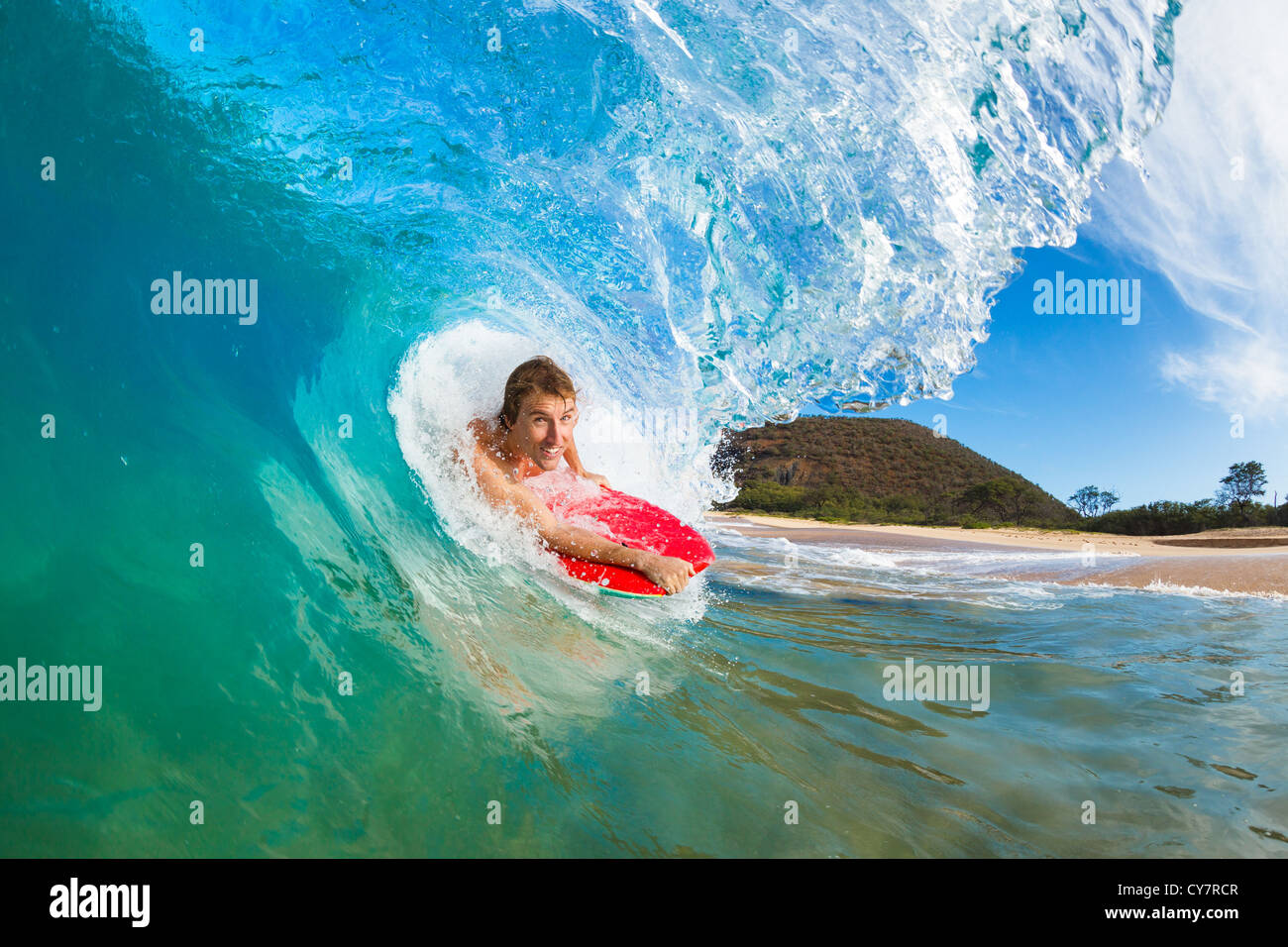 Boogie Boarder Surfing Amazing Blue Ocean Wave Stock Photo - Alamy