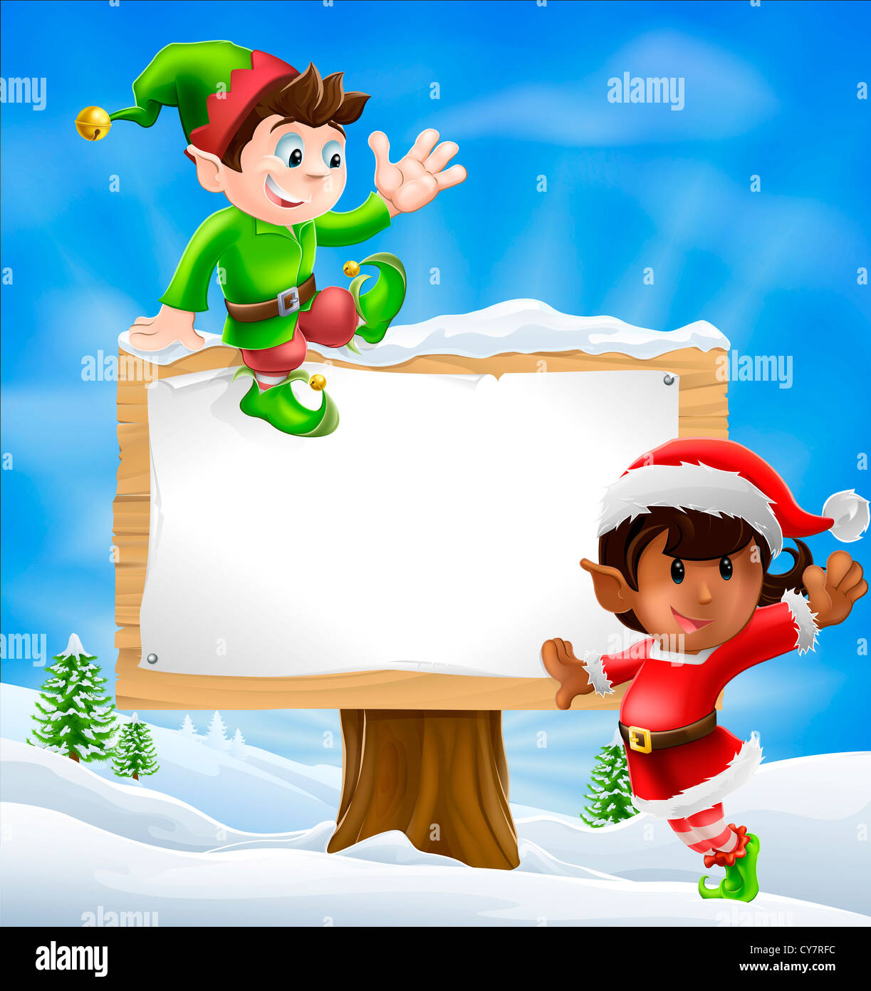 Two Santa's helper type Christmas characters with a large sign with ...