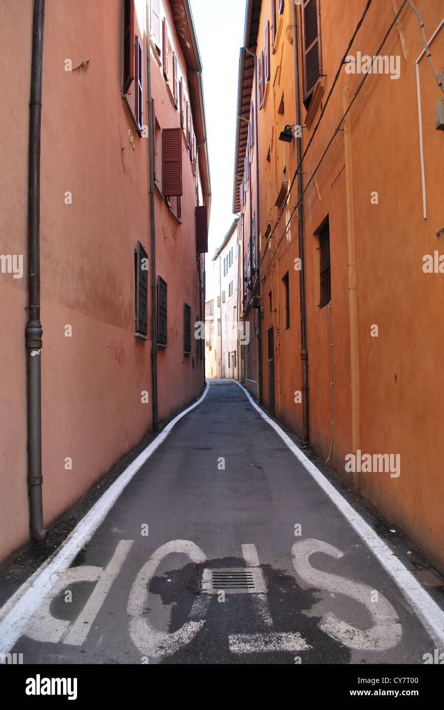 Stop sign painted on the ground of a city street, Rimini, Italy Stock ...
