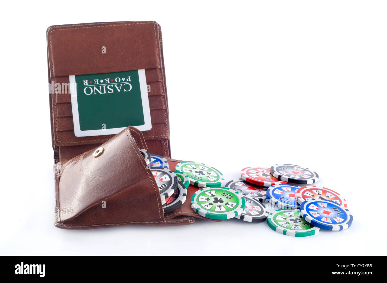Leather wallet with poker chips isolated on white Stock Photo - Alamy
