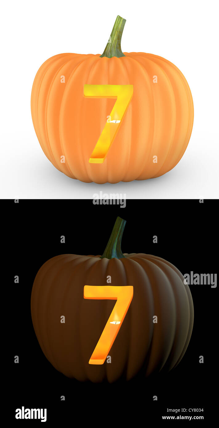 Number 7 carved on pumpkin jack lantern isolated on and white ...