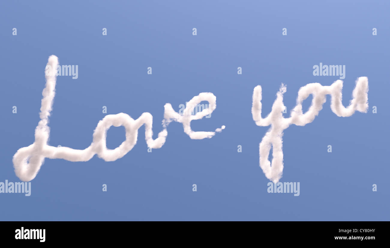 Love you text in sky, isolated on blue Stock Photo - Alamy