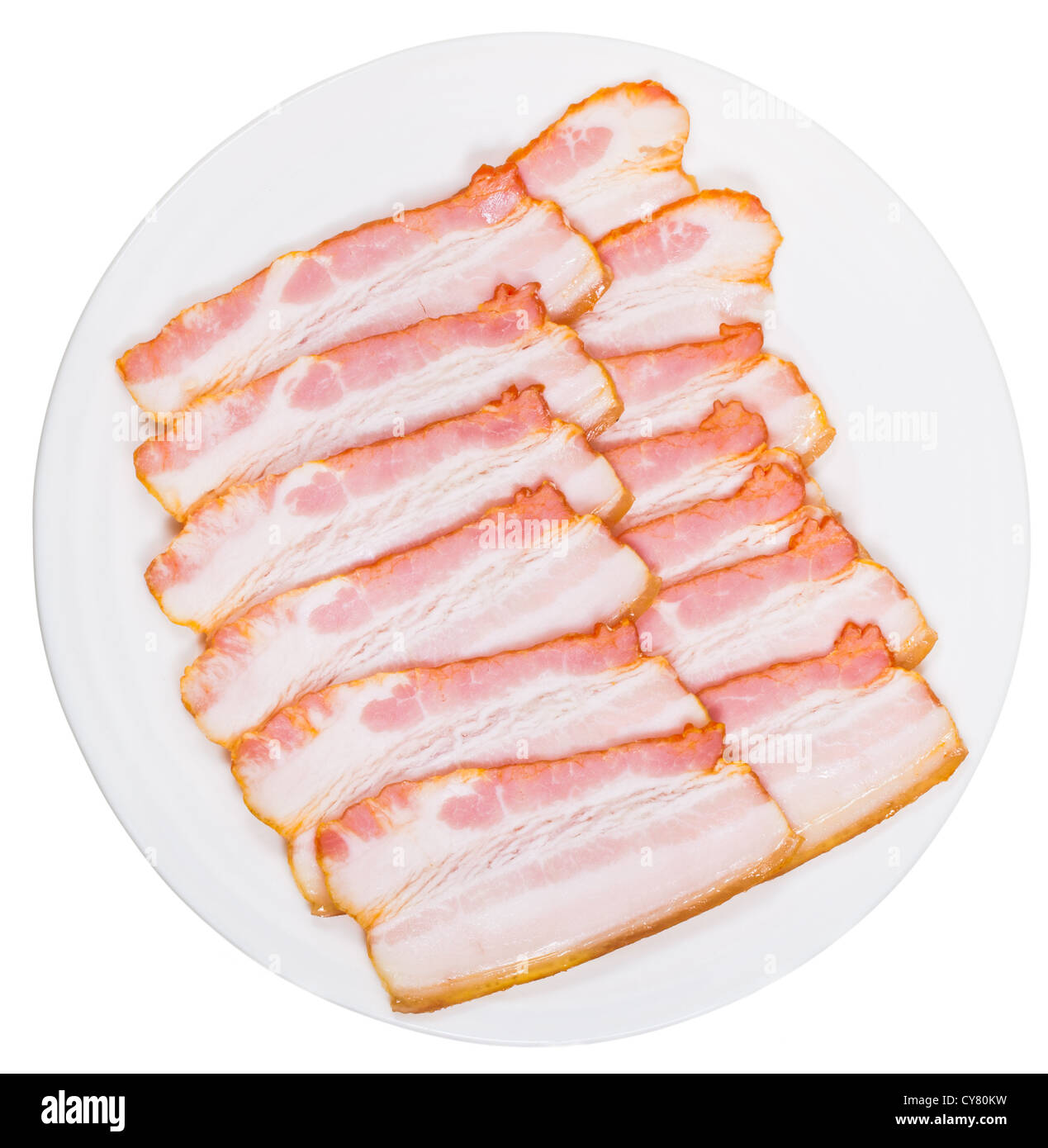 sliced bacon on plate isolated on white background Stock Photo - Alamy