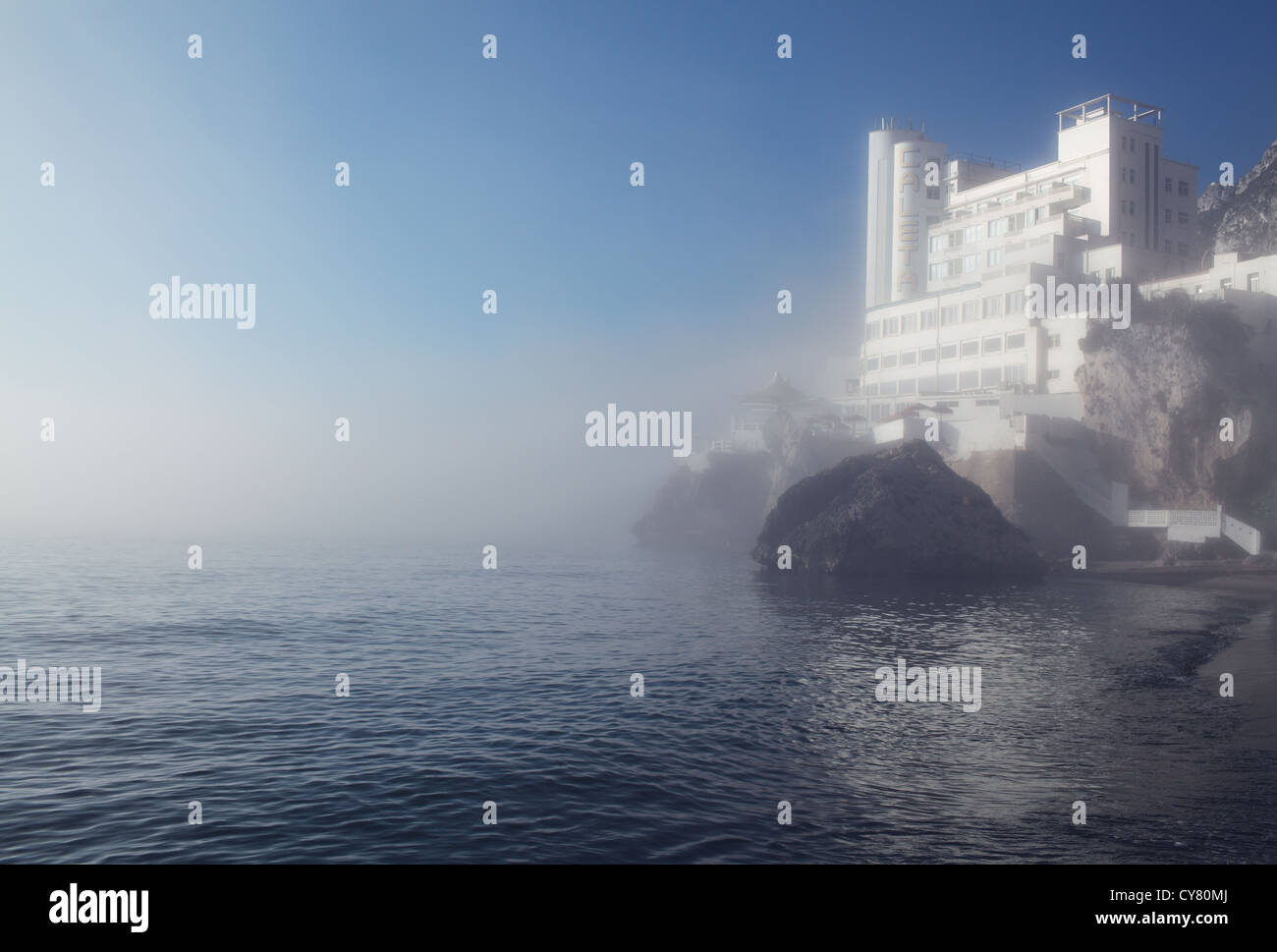 Mist passing over Caleta Hotel in Gibraltar Stock Photo - Alamy
