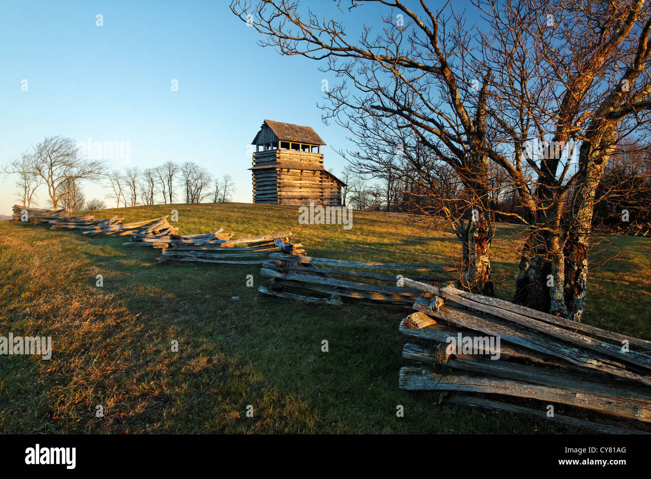 Groundhog Mountain Lookout Tower and split-rail fence, Blue Ridge ...
