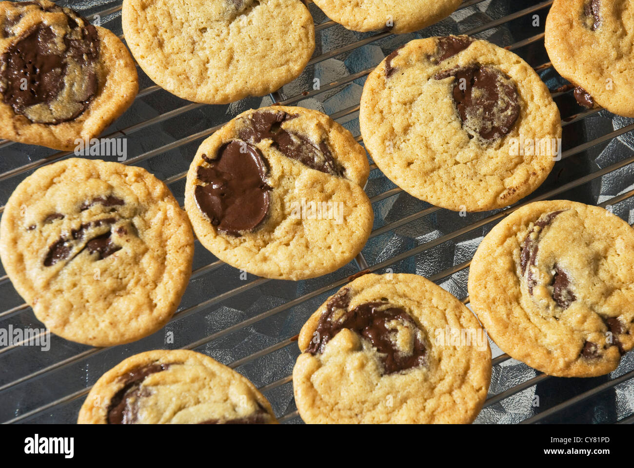Chocolate Chip Cookies on Cooling Rack, High Angle View Stock Photo - Alamy