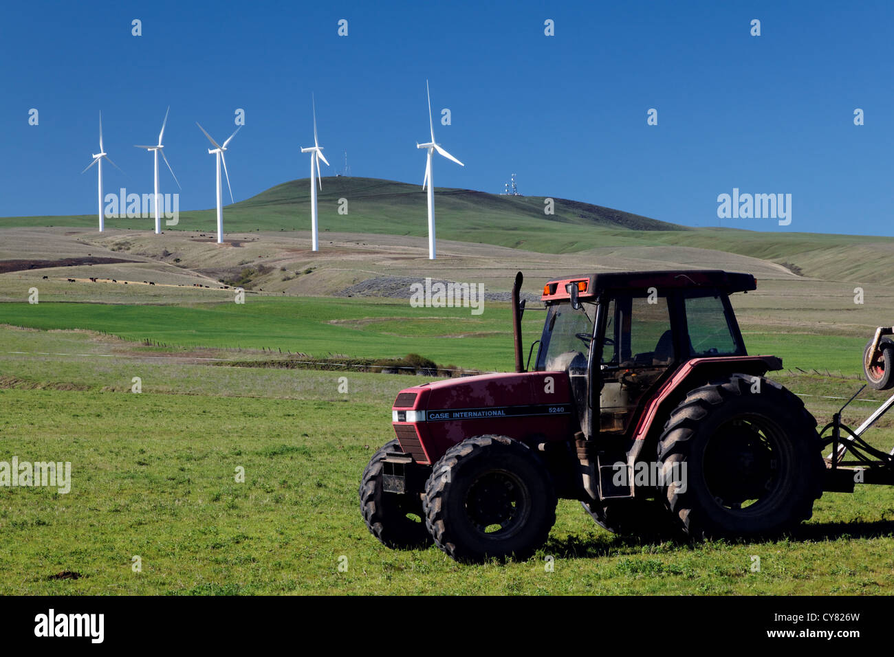 Tractor and wind turbines at Windy Flats wind farm, Haystack Butte ...
