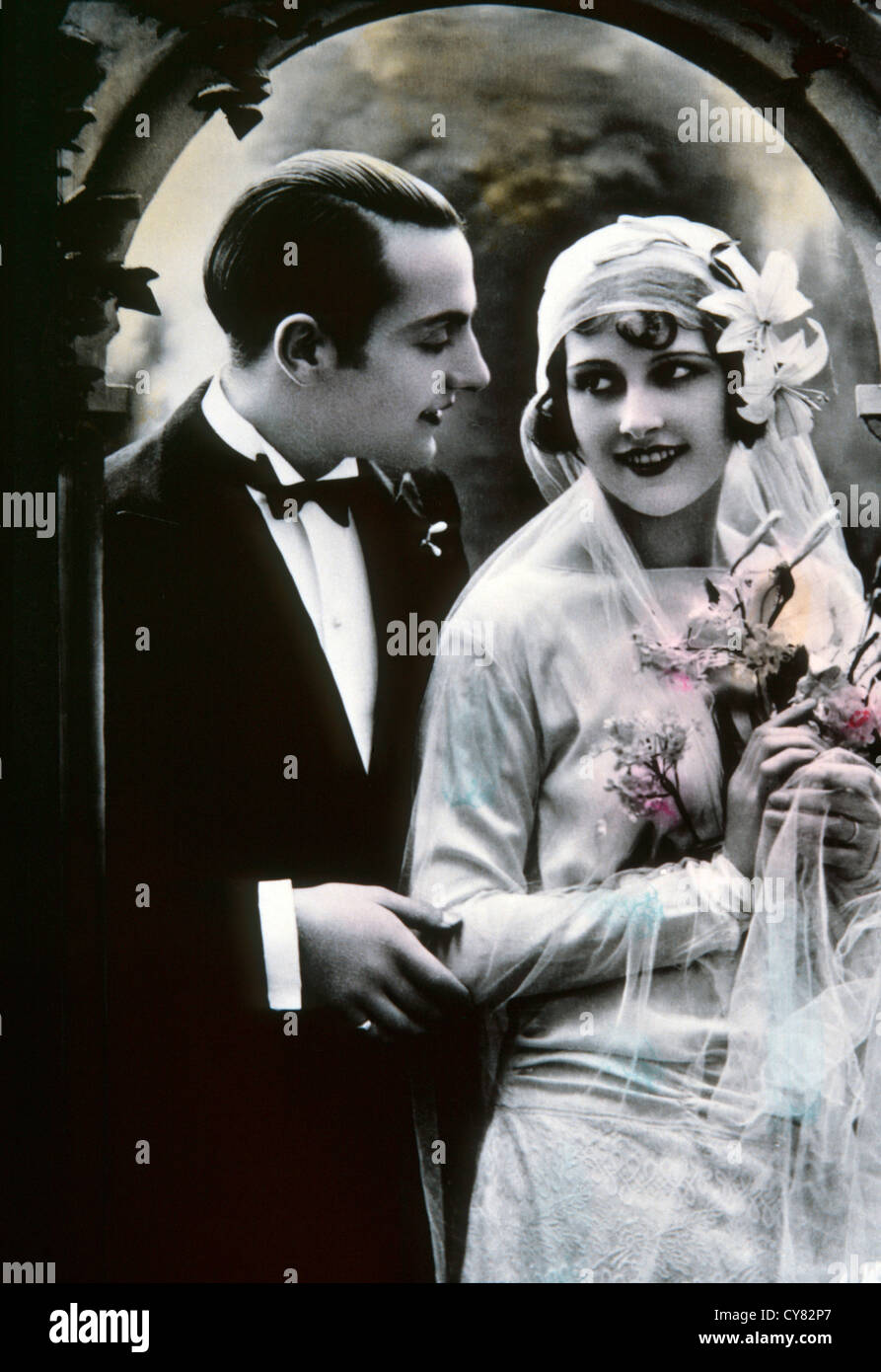 Wedding Couple, Portrait, Hand Colored Photograph, Circa 1925 Stock ...
