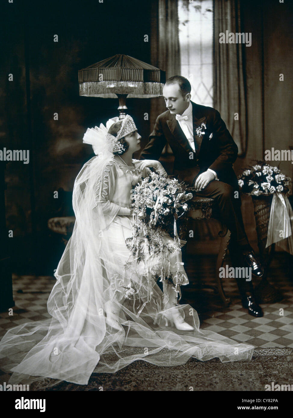 Retro Married Couple Stylish Wedding Couple, Bride, Groom Kissing And