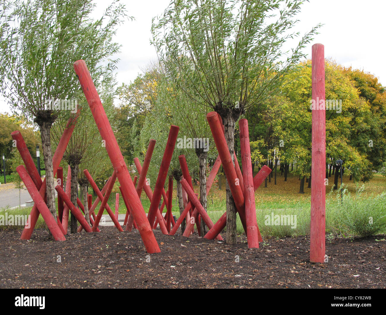 Red poles outside National Stadium (Stadion Narodowy) in Warsaw, Poland ...