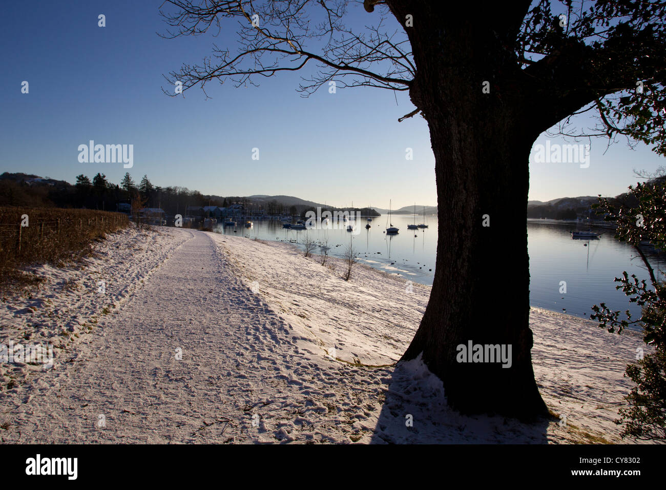 Lake Windermere in the cold winter with snow -Cockshot Point near ...