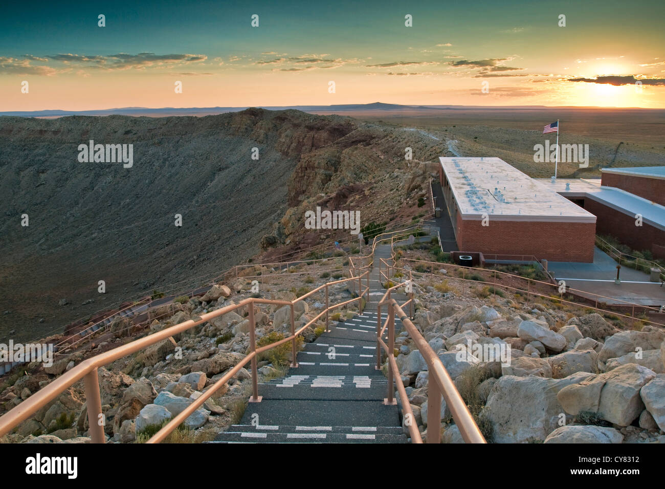 Walkway path along the rim and visitor center at Meteor Crater, near ...