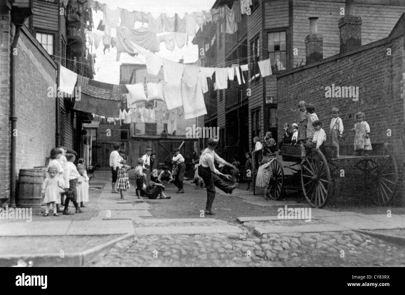 Children Playing Baseball in Tenement Alley, Boston, Massachusetts, USA ...